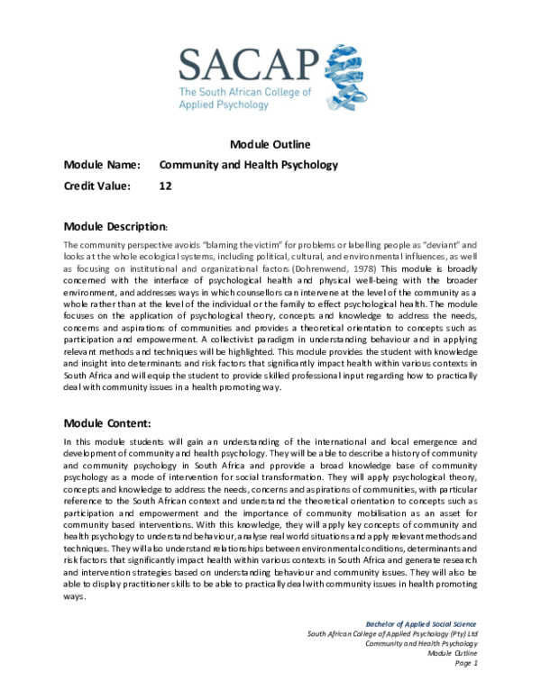 (PDF) Module Outline Module Name: Community and Health Psychology ...