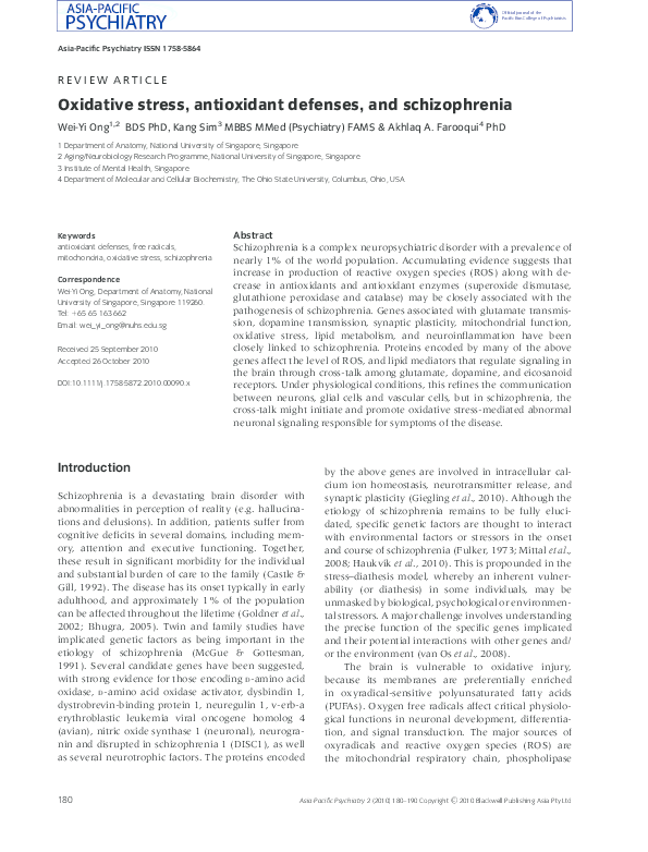 (PDF) Oxidative stress, antioxidant defenses, and schizophrenia