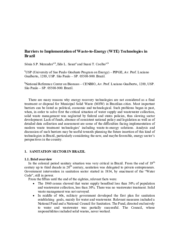 (PDF) Barriers to Implementation of Waste-to-Energy (WTE) Technologies ...