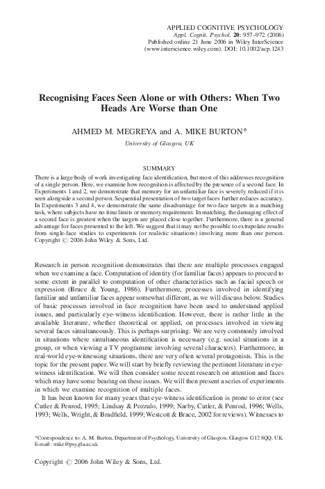 (PDF) Recognising faces seen alone or with others: when two heads are ...