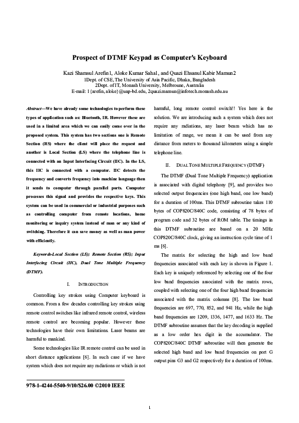 Pdf Prospect Of Dtmf Keypad As Computers Keyboard