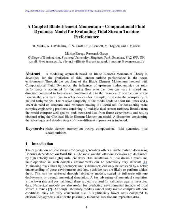 (PDF) A coupled blade element momentum – Computational fluid dynamics model for evaluating tidal ...