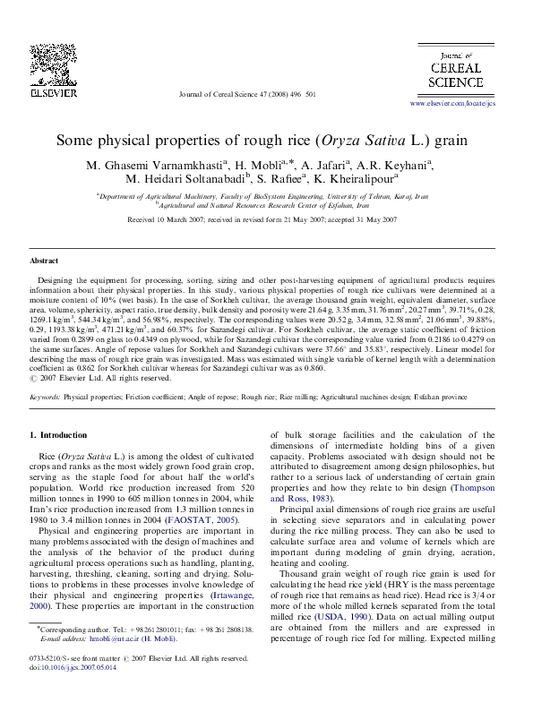 (PDF) Some physical properties of rough rice (Oryza Sativa L.) grain