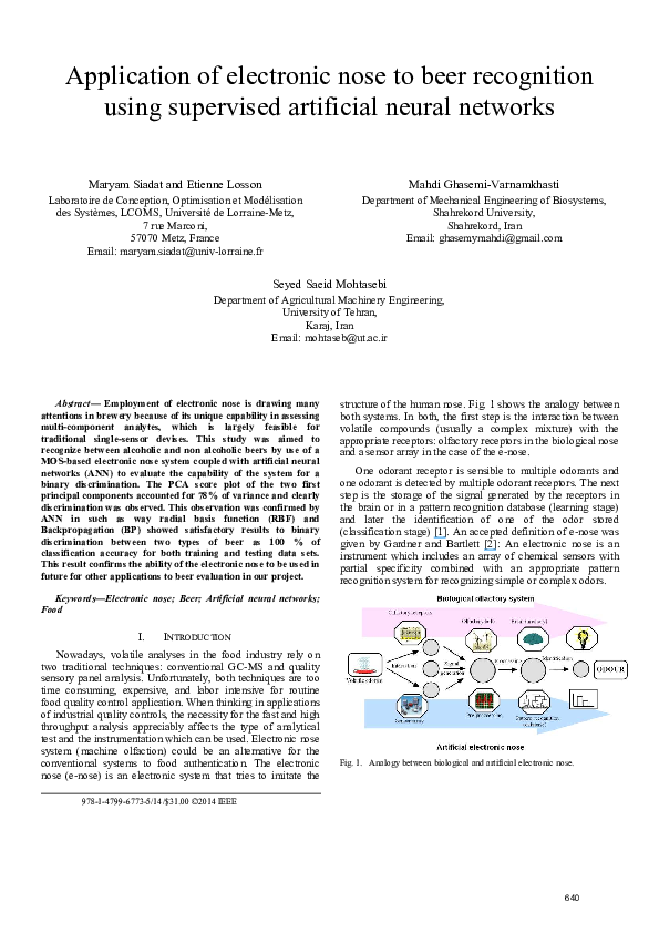 (PDF) Application of electronic nose to beer recognition using supervised artificial neural networks