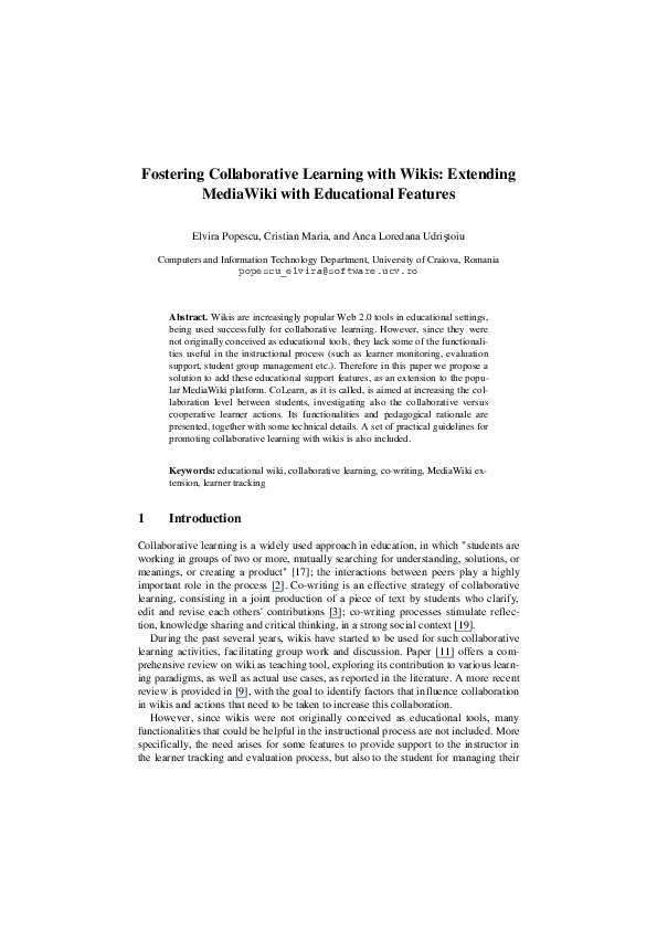 (PDF) Fostering Collaborative Learning with Wikis: Extending MediaWiki with Educational Features