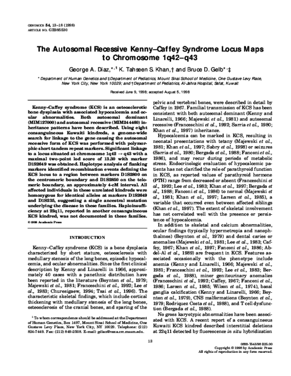 (PDF) The Autosomal Recessive Kenny–Caffey Syndrome Locus Maps to ...