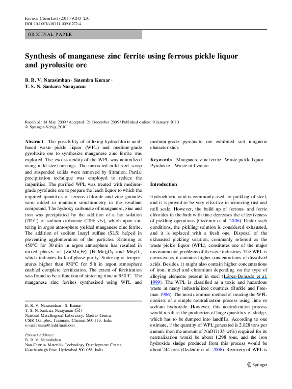 (PDF) Synthesis of manganese zinc ferrite using ferrous pickle liquor and pyrolusite ore