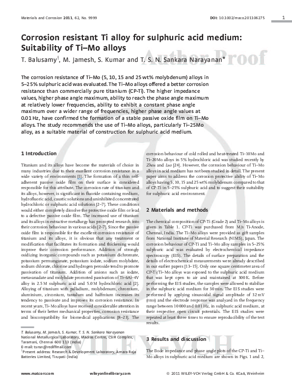 (PDF) Corrosion resistant Ti alloy for sulphuric acid medium ...