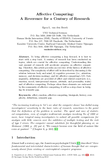 (PDF) Affective Computing: A Reverence for a Century of Research