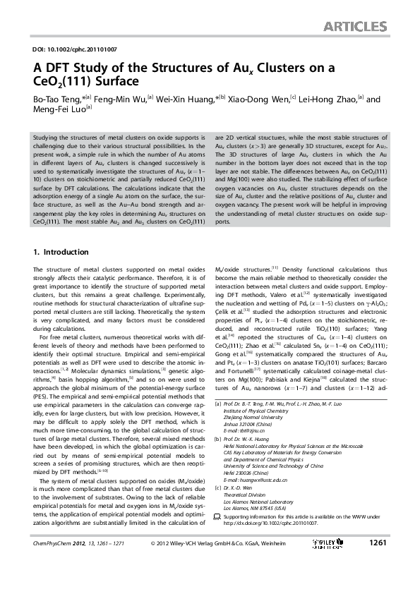 (PDF) A DFT Study of the Structures of Aux Clusters on a CeO2(111) Surface
