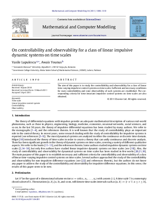 Pdf On Controllability And Observability For A Class Of Linear Impulsive Dynamic Systems On