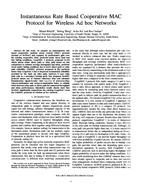 (PDF) Instantaneous rate based cooperative MAC protocol for wireless ad hoc networks