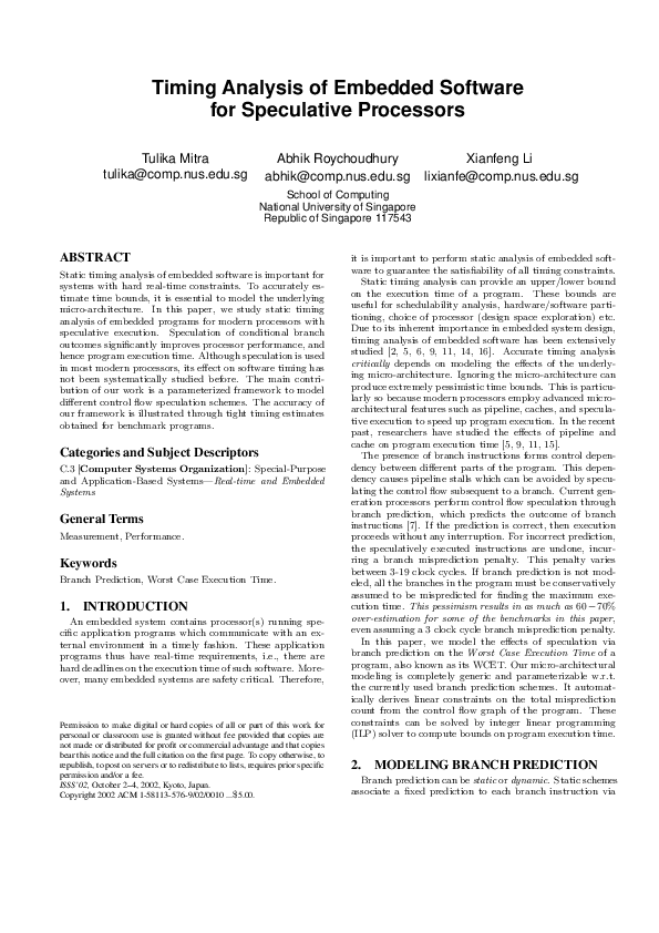 (PDF) Timing analysis of embedded software for speculative processors