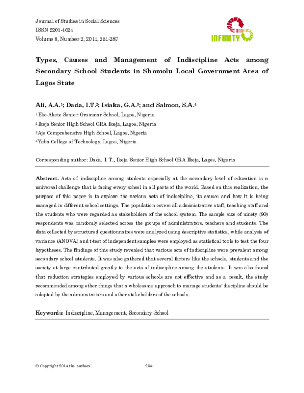 Types, Causes and Management of Indiscipline Acts among Secondary ...