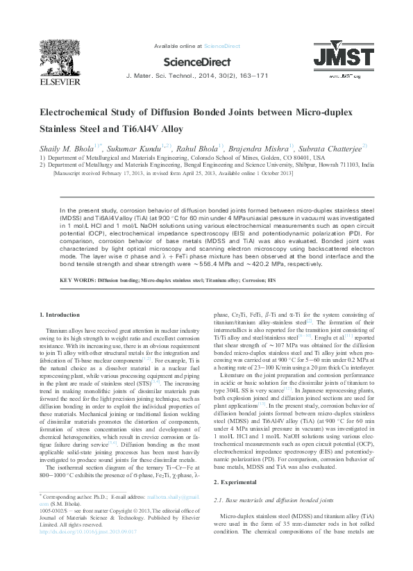 (PDF) Electrochemical Study of Diffusion Bonded Joints between Micro-duplex Stainless Steel and ...