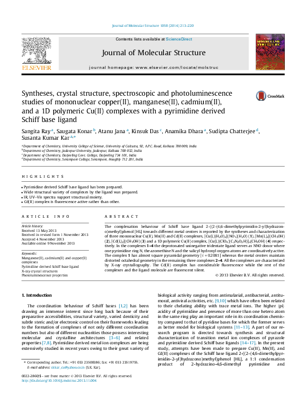 (PDF) Syntheses, crystal structure, spectroscopic and photoluminescence studies of mononuclear ...
