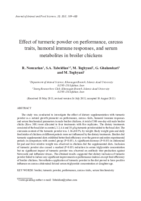(PDF) Effect of turmeric powder on performance, carcass traits, humoral immune responses, and ...