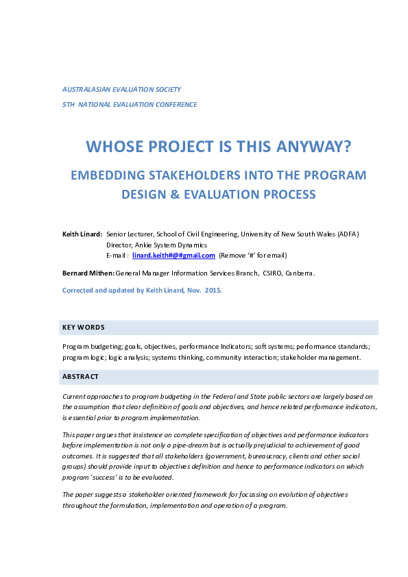 (PDF) Whose Project is this? - Embedding Stakeholders into the Program Design & Evaluation Process