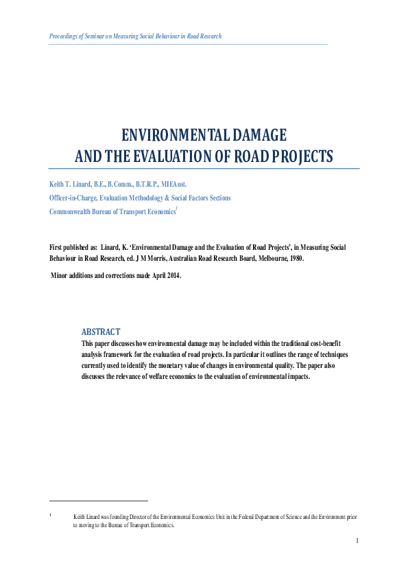 (PDF) Environmental Damage & the Evaluation of Road Projects