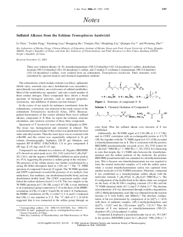 (PDF) Sulfated Alkenes from the Echinus Temnopleurus hardwickii