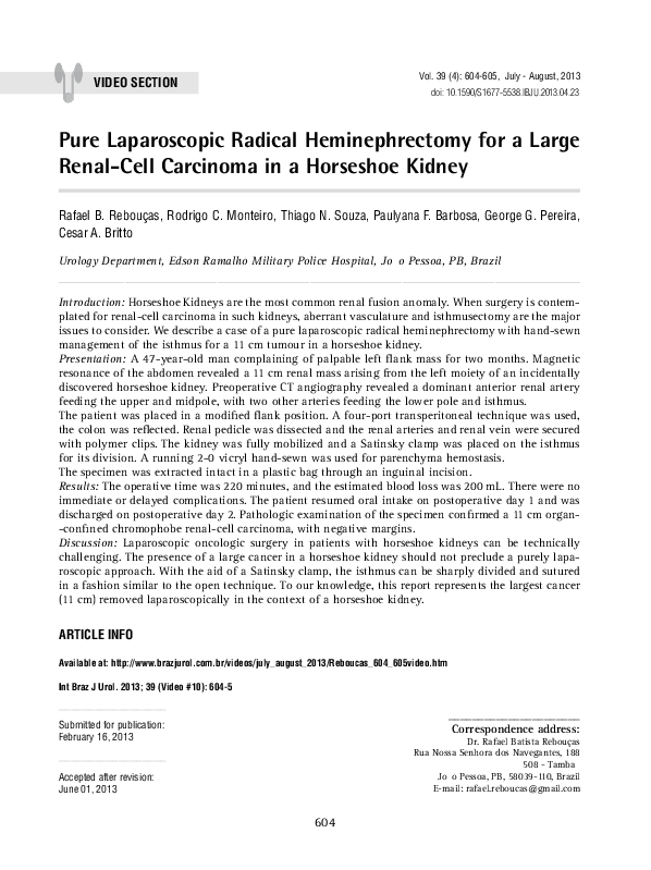 (PDF) Pure Laparoscopic Radical Heminephrectomy for a Large Renal-Cell Carcinoma in a Horseshoe ...