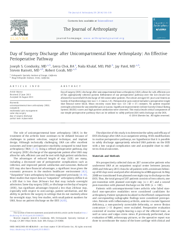 (PDF) Day of Surgery Discharge after Unicompartmental Knee Arthroplasty ...