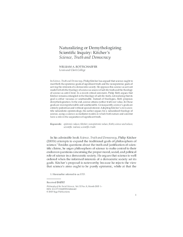 (PDF) Naturalizing Or Demythologizing Scientific Inquiry: Kitcher's ...
