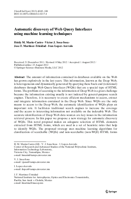 Pdf Automatic Discovery Of Web Query Interfaces Using Machine Learning Techniques