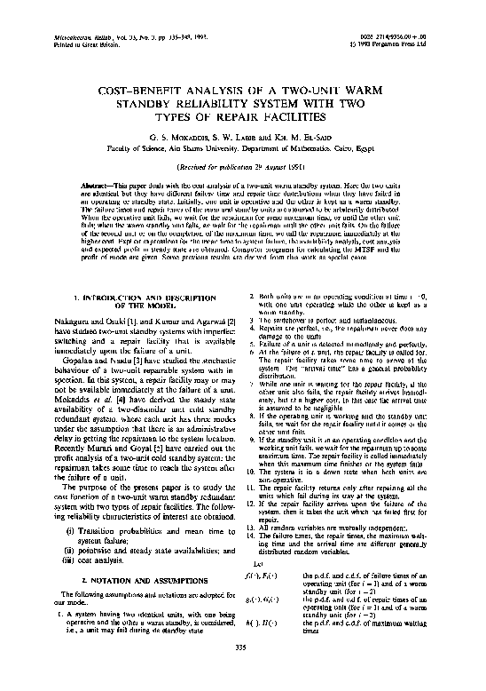 (PDF) Cost-benefit analysis of a two-unit warm standby reliability ...