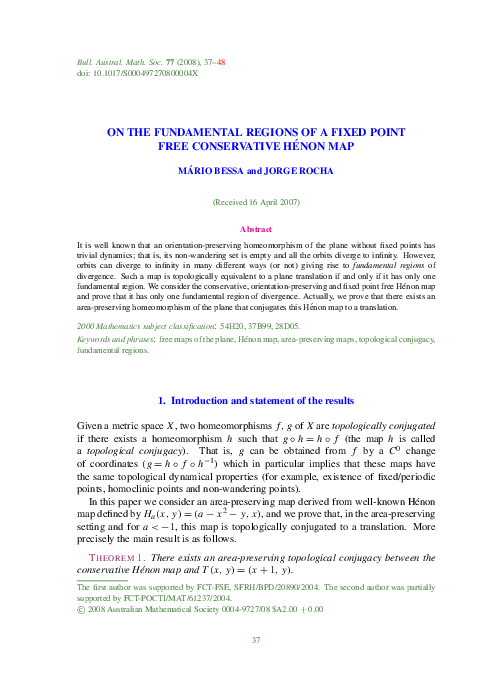 (PDF) ON THE FUNDAMENTAL REGIONS OF A FIXED POINT FREE CONSERVATIVE HÉNON MAP