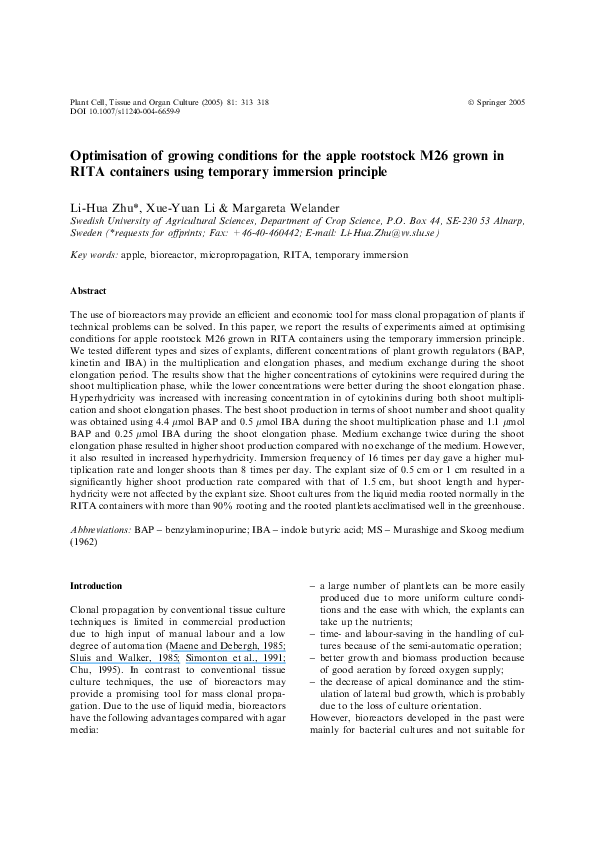 (PDF) Optimisation of growing conditions for the apple rootstock M26 ...
