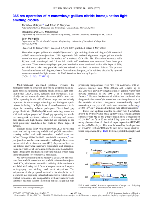 (PDF) 365 nm operation of n-nanowire/p-gallium nitride homojunction light emitting diodes