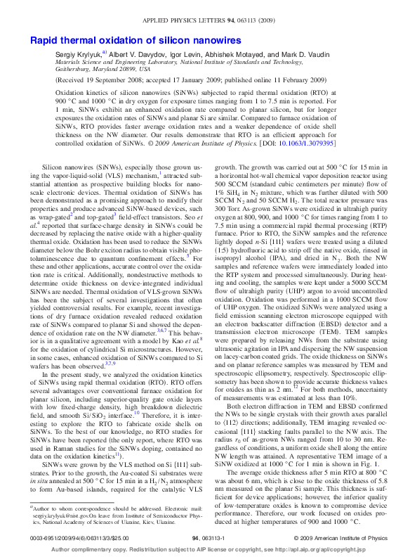 (PDF) Rapid thermal oxidation of silicon nanowires