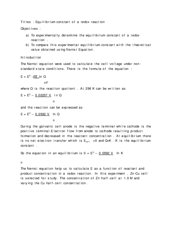 (PDF) Equilibrium constant of a redox reaction
