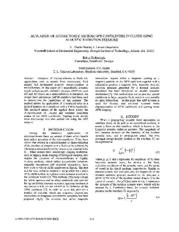 Pdf Actuation Of Atomic Force Microscope Cantilevers In Fluids Using Acoustic Radiation Pressure