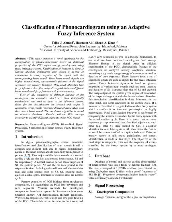 (PDF) Classification of Phonocardiogram Using an adaptive Fuzzy Inference System
