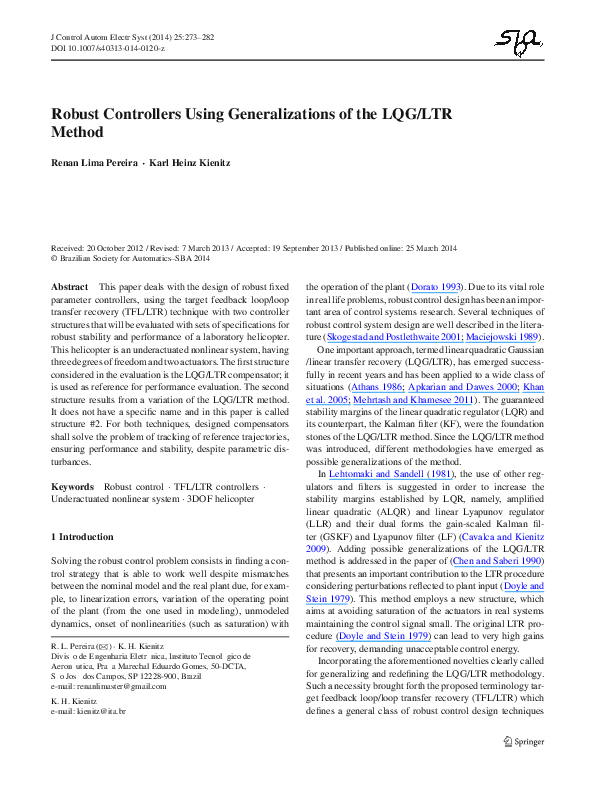 (PDF) Robust Controllers Using Generalizations of the LQG/LTR Method