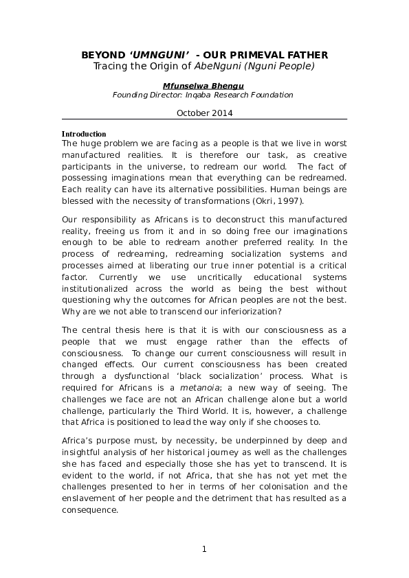(DOC) BEYOND 'UMNGUNI' -OUR PRIMEVAL FATHER Tracing the Origin of ...