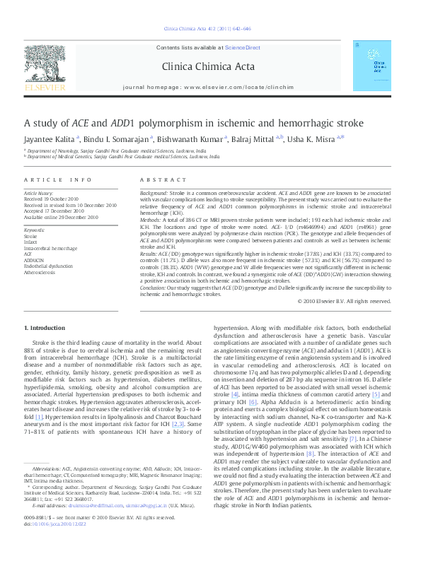 (PDF) A study of ACE and ADD1 polymorphism in ischemic and hemorrhagic ...