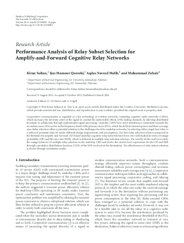 Pdf Performance Analysis Of Relay Subset Selection For Amplify And