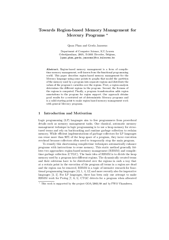 (PDF) Towards Region-Based Memory Management for Mercury Programs