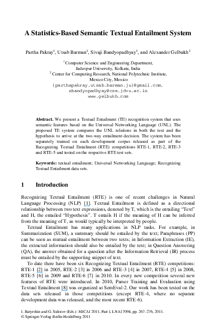 Pdf A Statistics Based Semantic Textual Entailment System