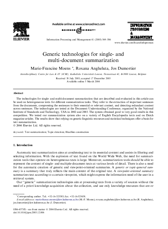 (PDF) Generic technologies for single- and multi-document summarization