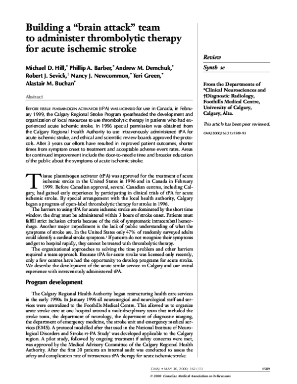 (PDF) Building a "brain attack" team to administer thrombolytic therapy ...