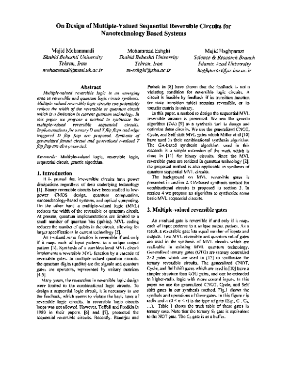 Pdf On Design Of Multiple Valued Sequential Reversible Circuits For Nanotechnology Based Systems