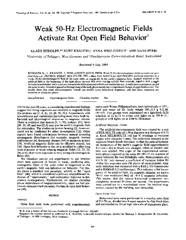 (PDF) Weak 50-Hz electromagnetic fields activate rat open field behavior☆