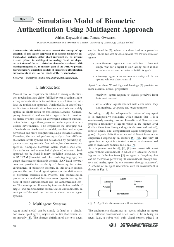 Pdf Simulation Model Of Biometric Authentication Using Multiagent