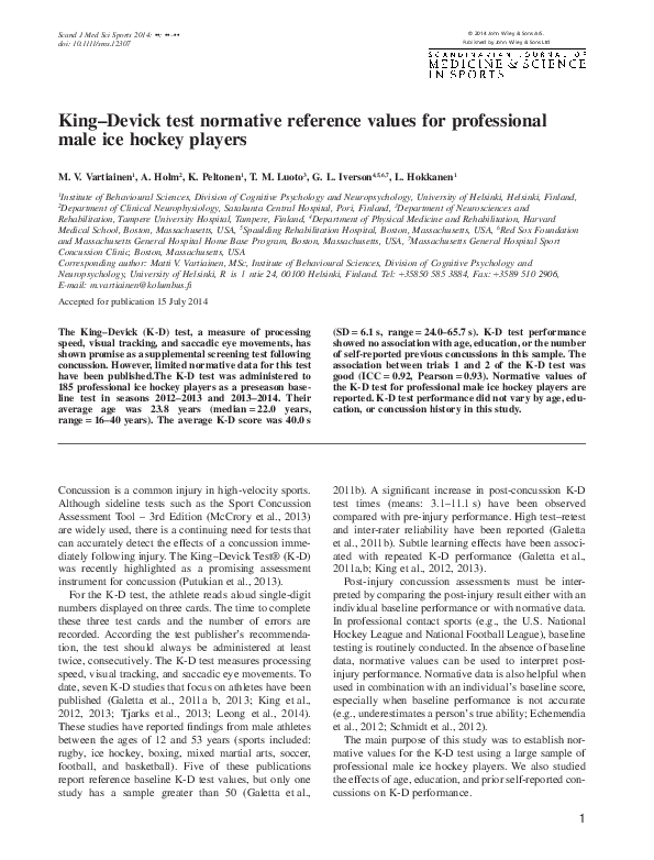 (PDF) King-Devick test normative reference values for professional male ...