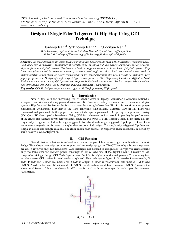 (PDF) Design of Single Edge Triggered D Flip Flop Using GDI Technique
