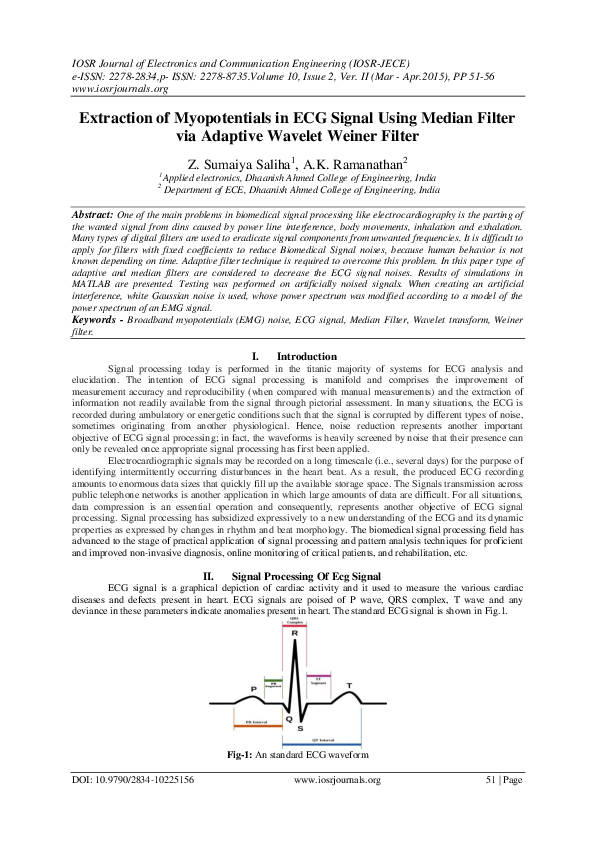 Pdf Extraction Of Myopotentials In Ecg Signal Using Median Filter Via Adaptive Wavelet Weiner